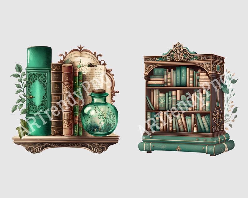 Watercolor Bookshelf Clipart Png Emerald Colors Vintage Books and ...