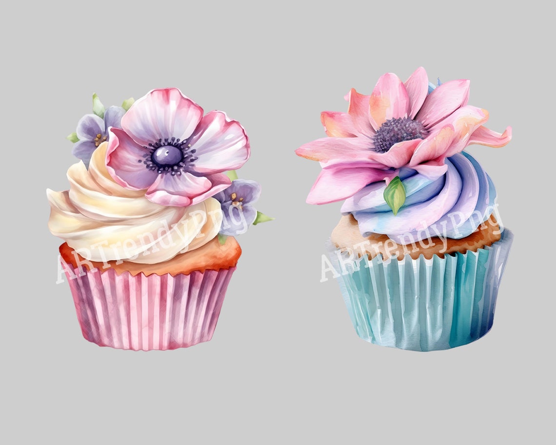 Watercolor Cupcake Clipart Png With Flower Bundle and Sweets - Etsy