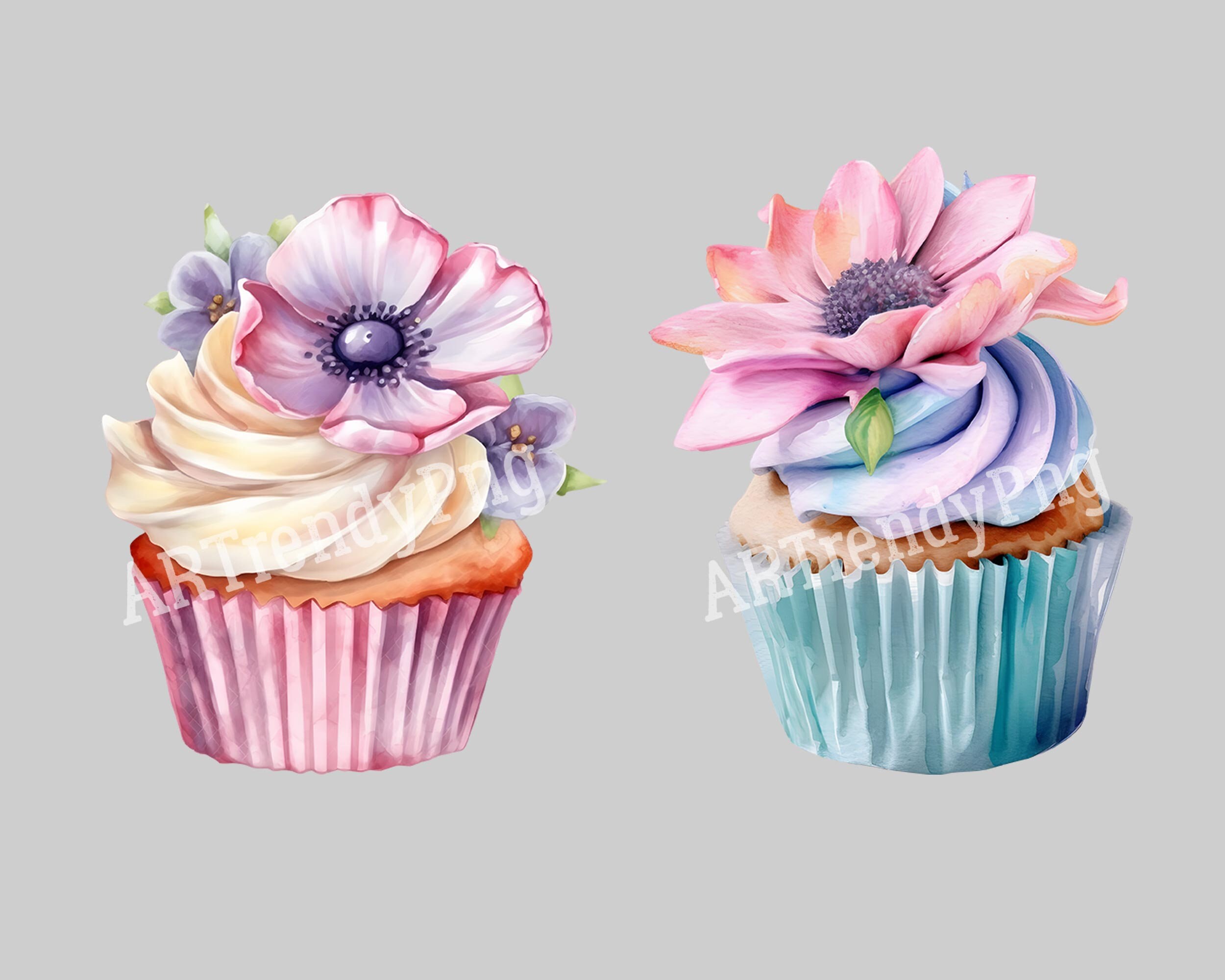 Watercolor Cupcake Clipart Png With Flower Bundle and Sweets - Etsy