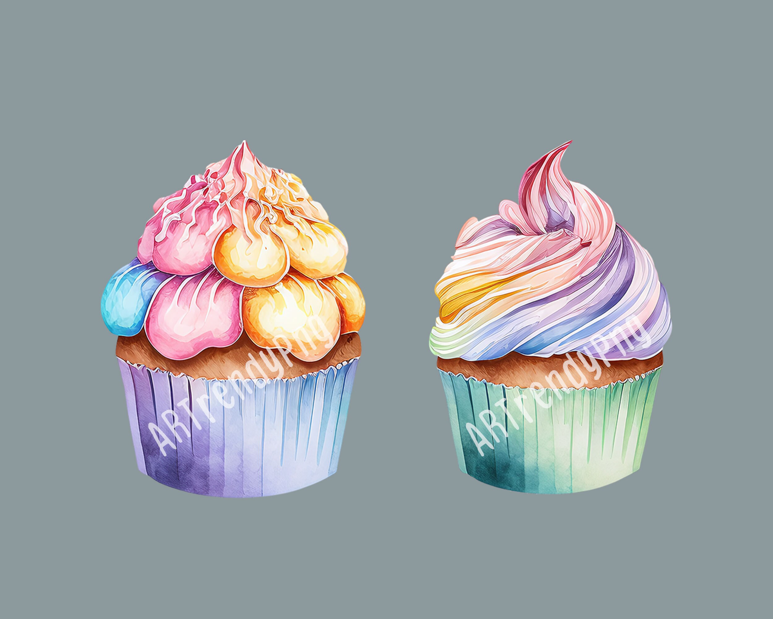 Watercolor Rainbow Cupcake Clipart Png Bundle and Sweets, Dessert ...