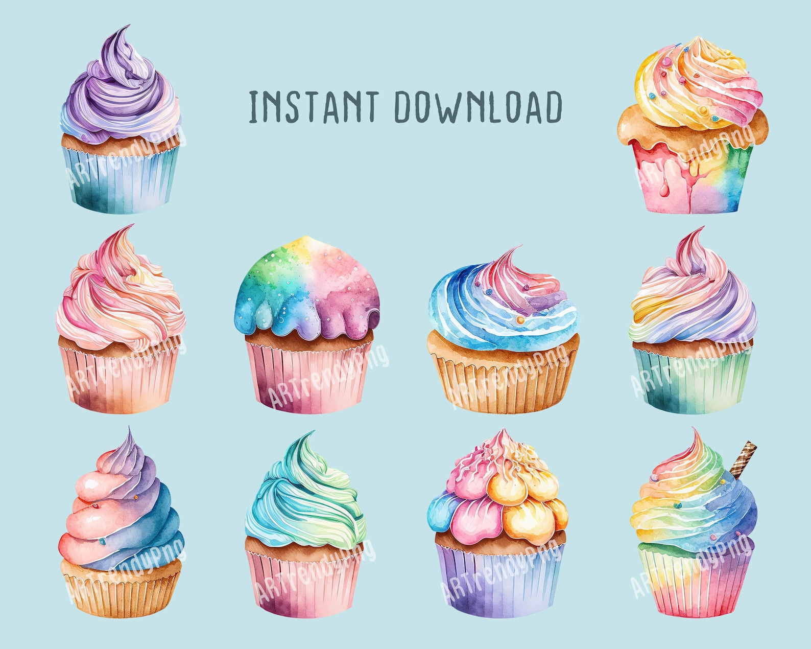 Watercolor Rainbow Cupcake Clipart Png Bundle and Sweets, Dessert ...