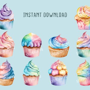 Watercolor Rainbow Cupcake Clipart Png Bundle and Sweets, Dessert ...