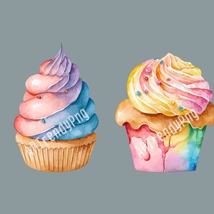 Watercolor Rainbow Cupcake Clipart Png Bundle and Sweets, Dessert ...