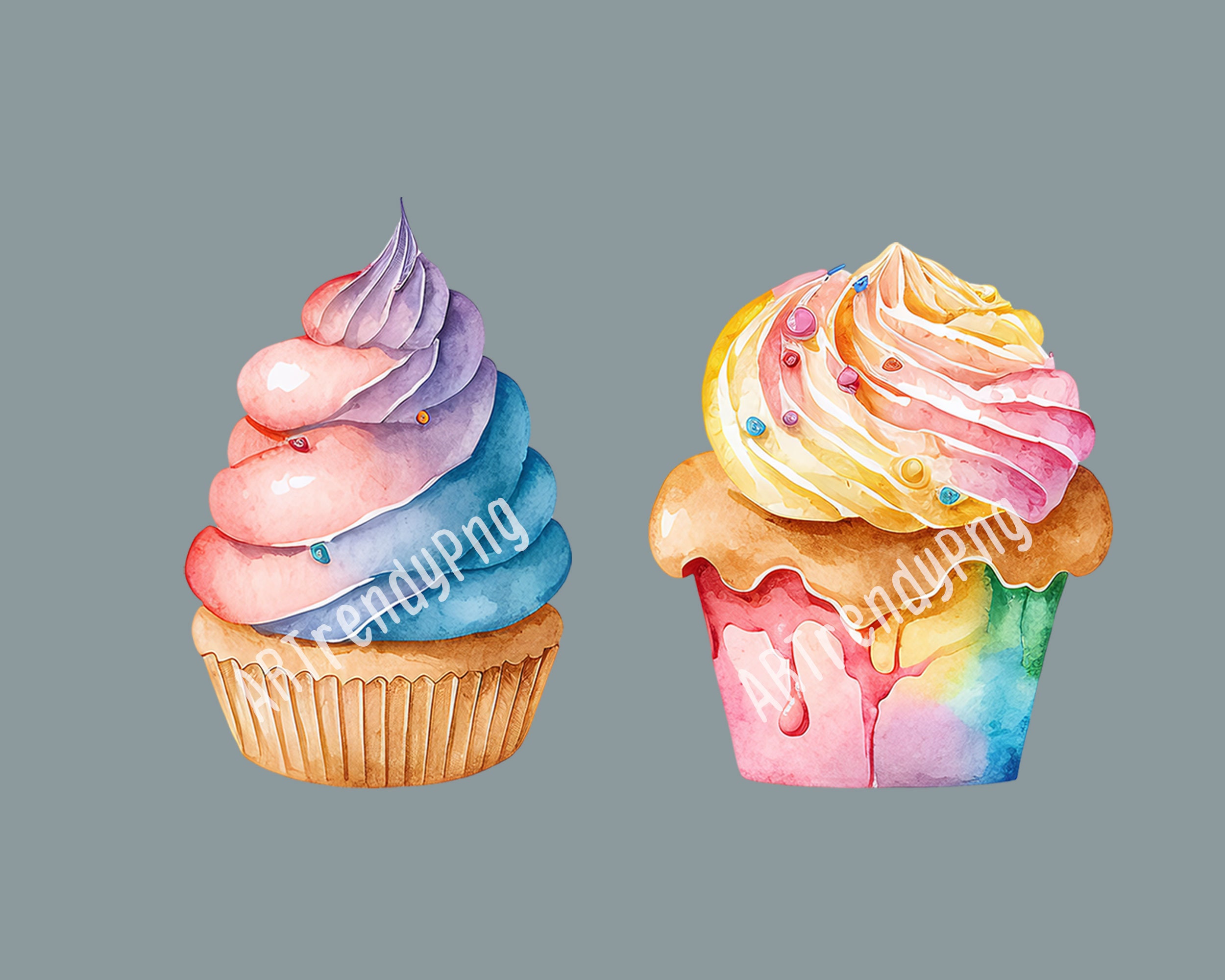 Watercolor Rainbow Cupcake Clipart Png Bundle and Sweets, Dessert ...
