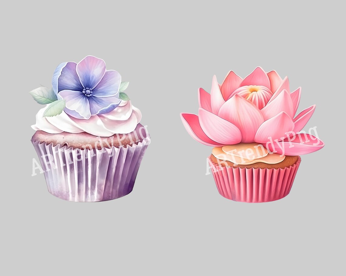 Watercolor Cupcake Clipart Png With Flower Bundle and Sweets - Etsy