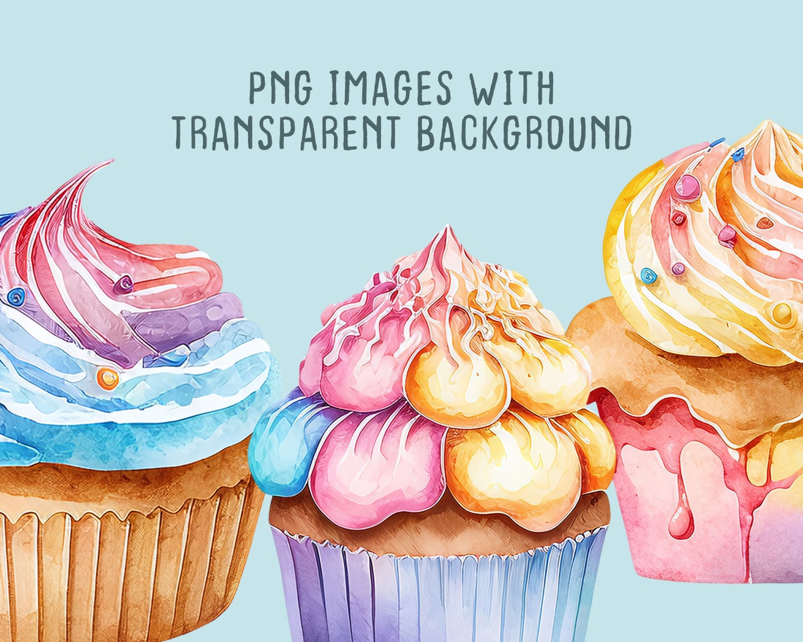 Watercolor Rainbow Cupcake Clipart Png Bundle and Sweets - Etsy