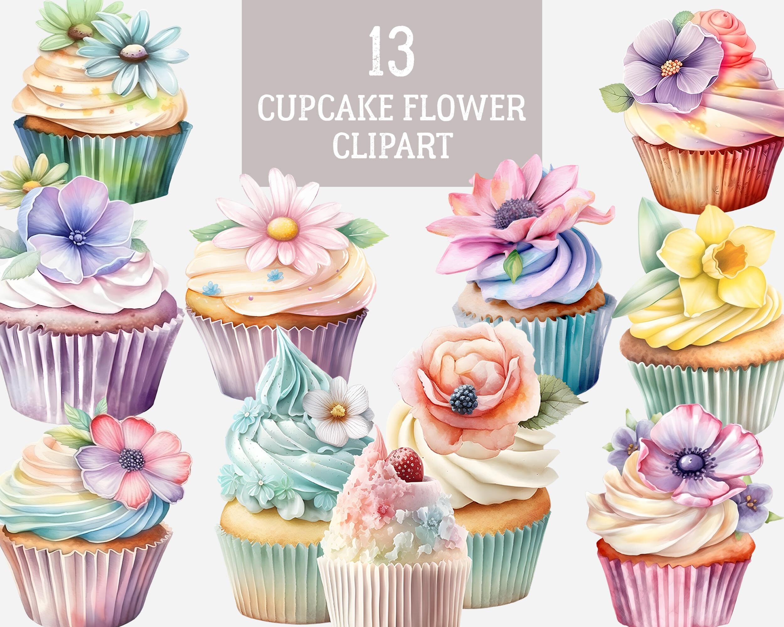 Watercolor Cupcake Clipart Png With Flower Bundle and Sweets - Etsy