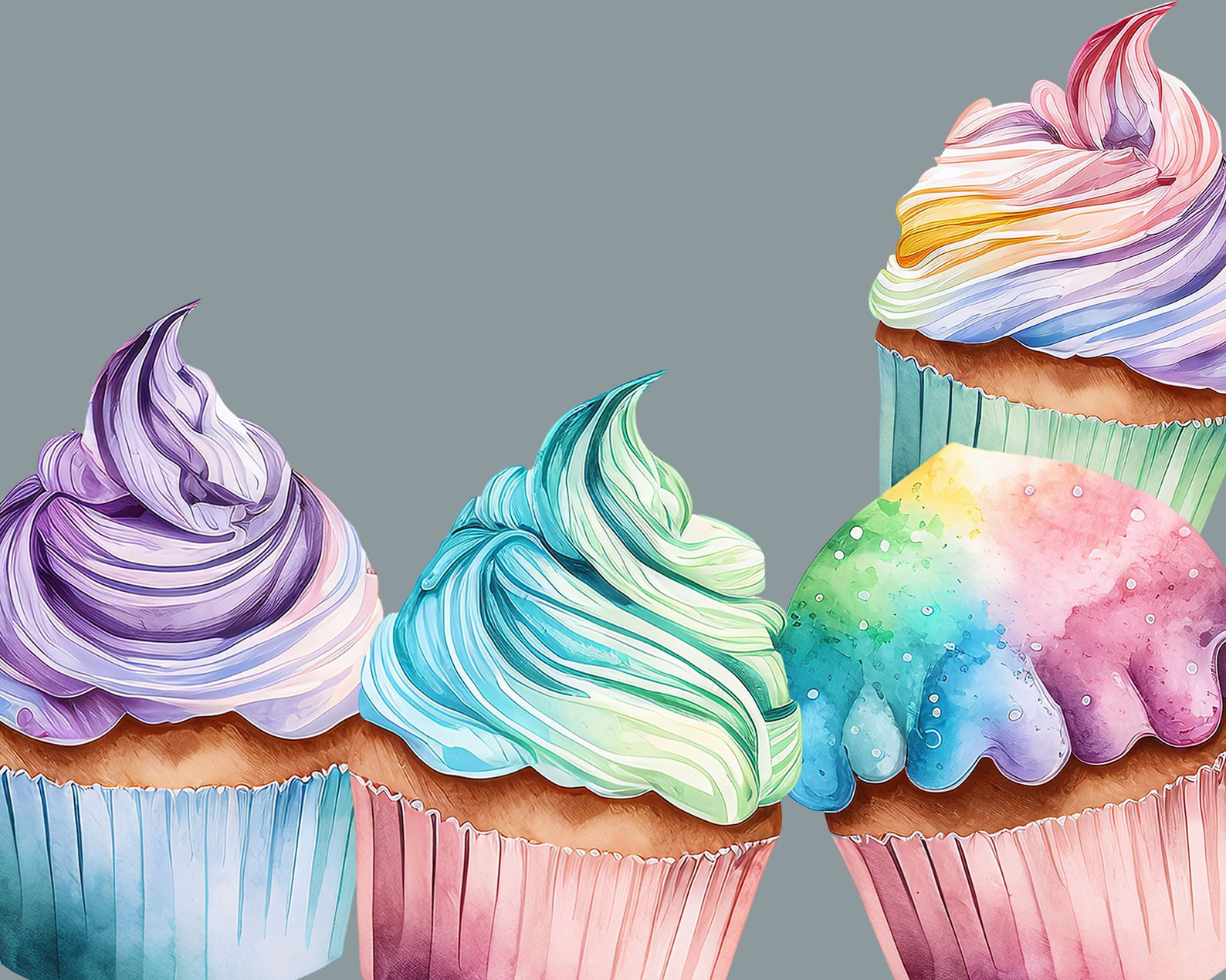 Watercolor Rainbow Cupcake Clipart Png Bundle and Sweets, Dessert ...