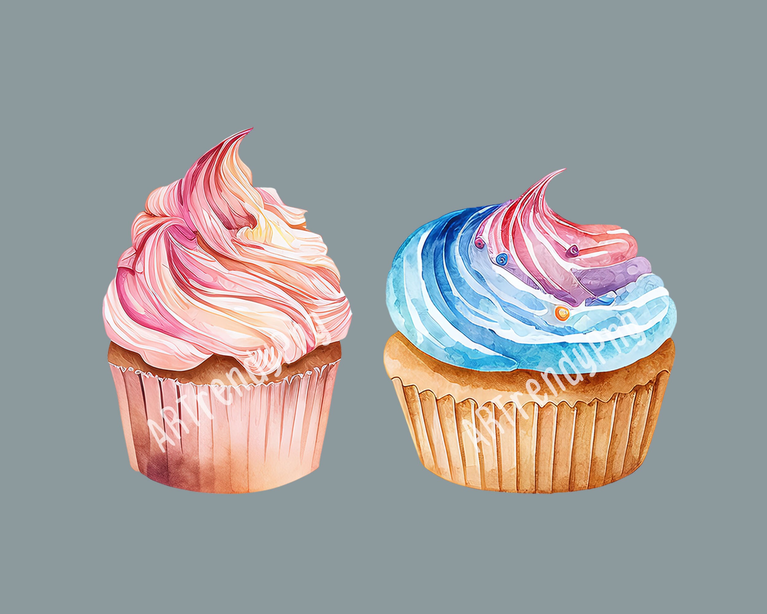 Watercolor Rainbow Cupcake Clipart Png Bundle and Sweets, Dessert ...