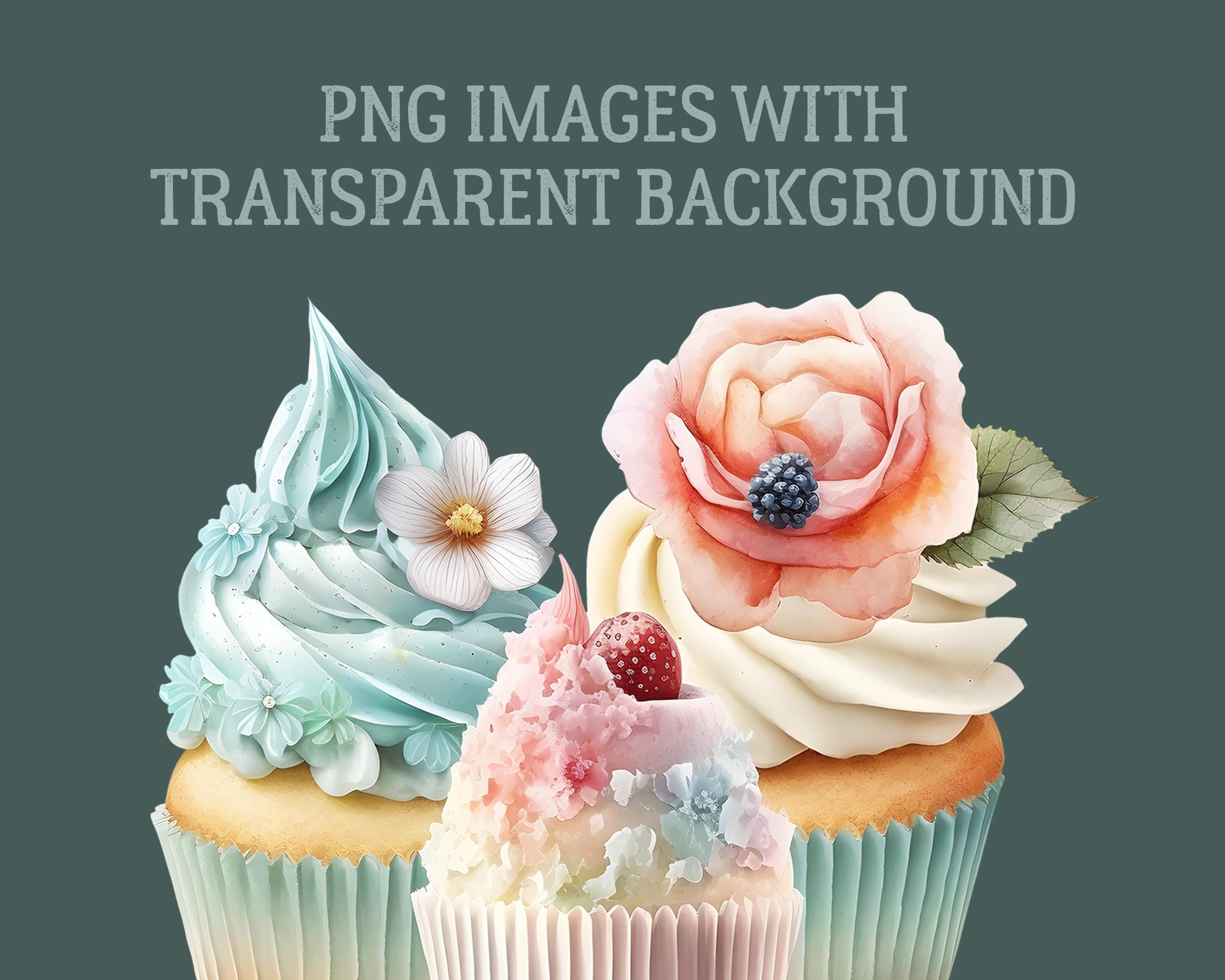 Watercolor Cupcake Clipart Png With Flower Bundle and Sweets - Etsy