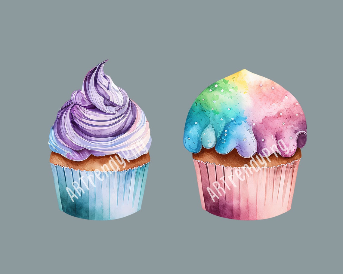 Watercolor Rainbow Cupcake Clipart Png Bundle and Sweets - Etsy