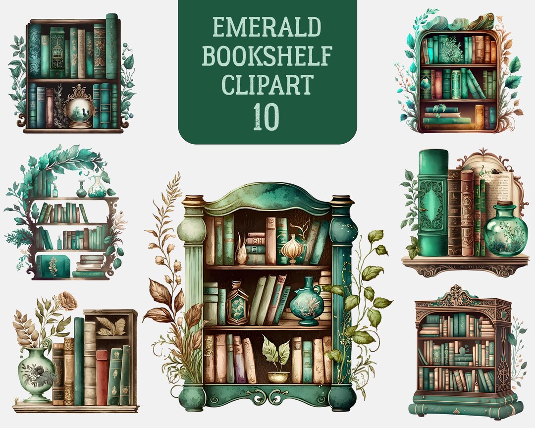 Watercolor Bookshelf Clipart Png Emerald Colors Vintage Books and ...