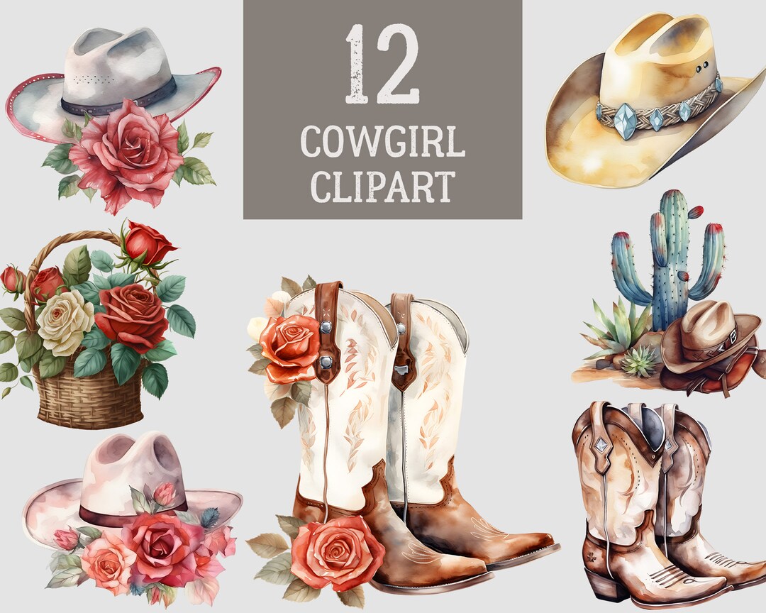 Watercolor Cowgirl Clipart Wild Western PNG Bundle Hat, Boots, With Red ...