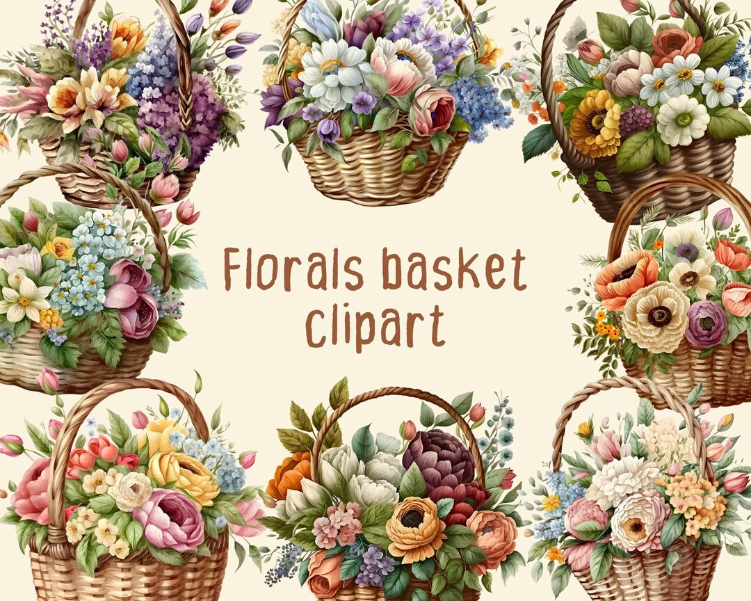 Watercolor Florals Basket Clipart Png Bundle and Spring Flowers ...