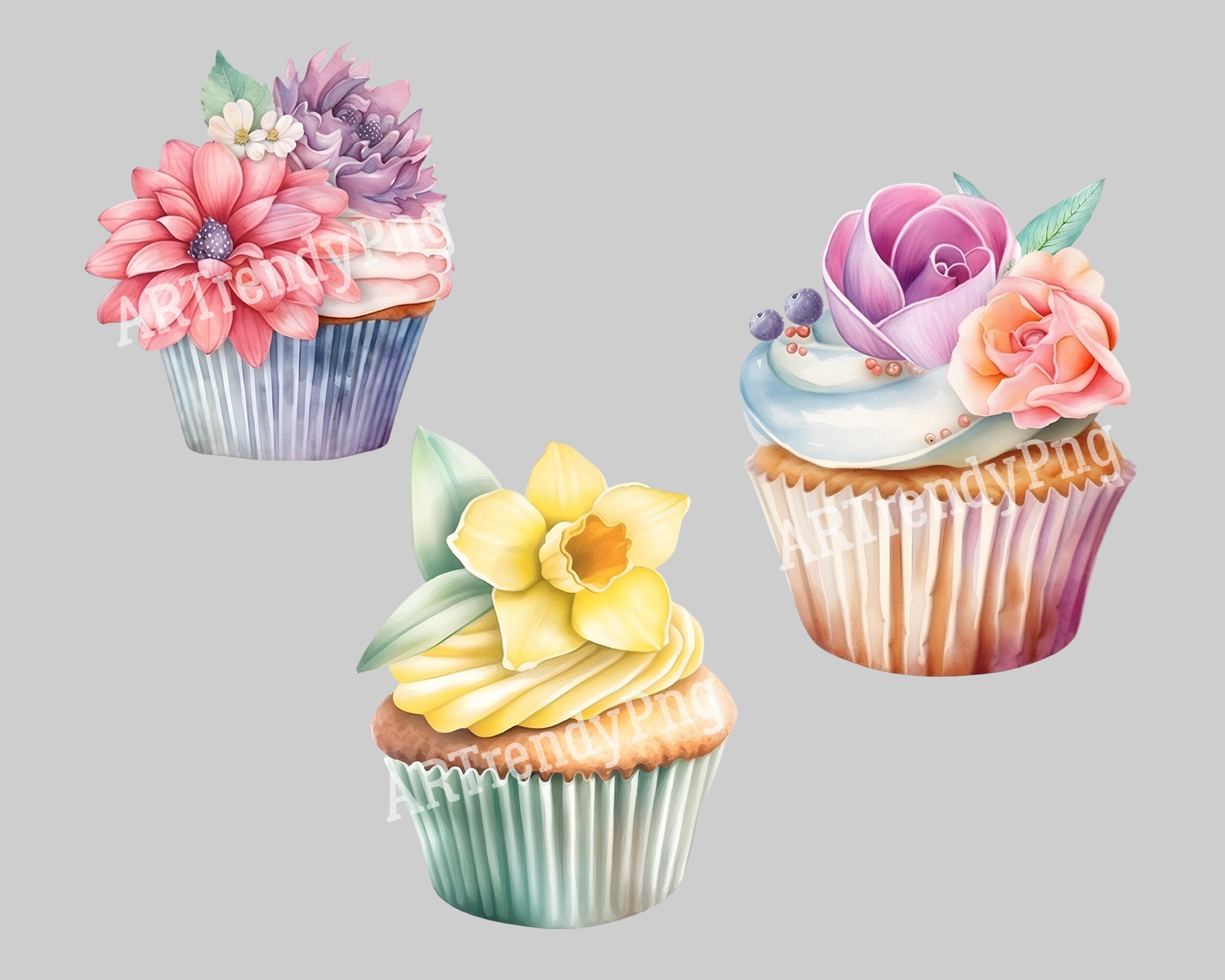 Watercolor Cupcake Clipart Png With Flower Bundle and Sweets - Etsy