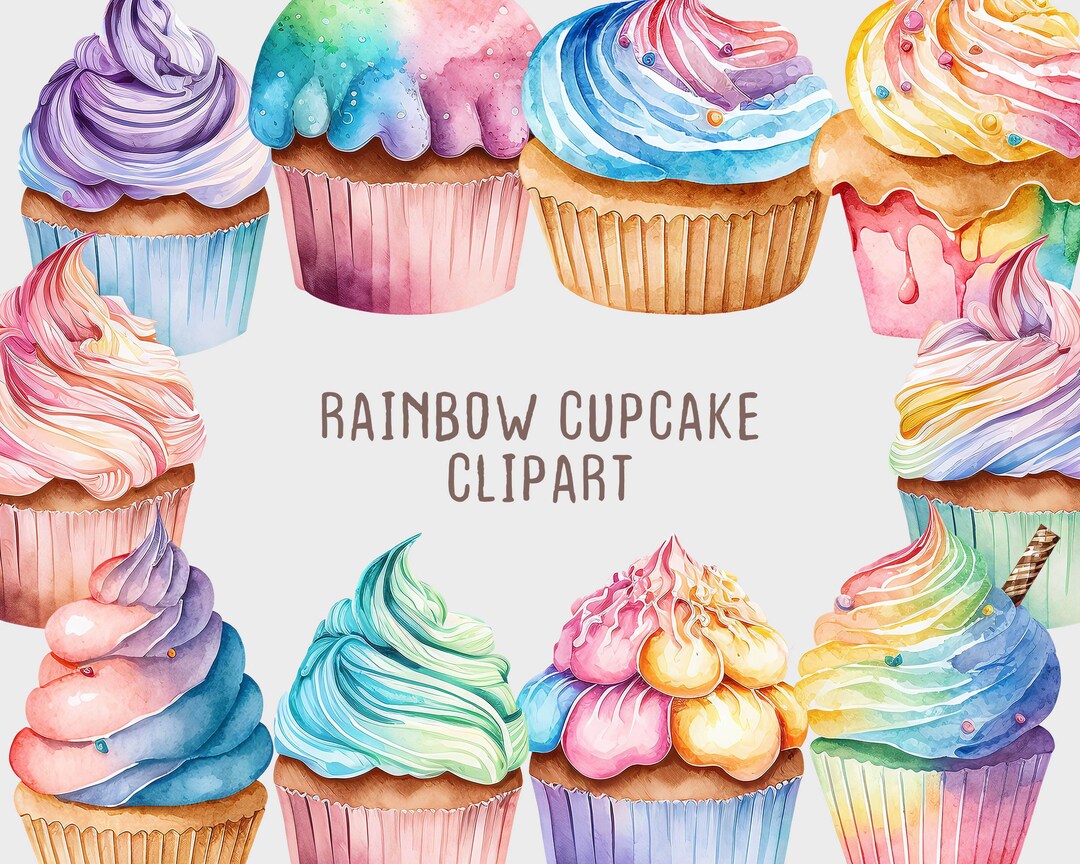 Watercolor Rainbow Cupcake Clipart Png Bundle and Sweets, Dessert ...