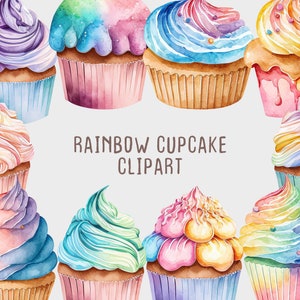 Watercolor Rainbow Cupcake Clipart Png Bundle and Sweets, Dessert ...