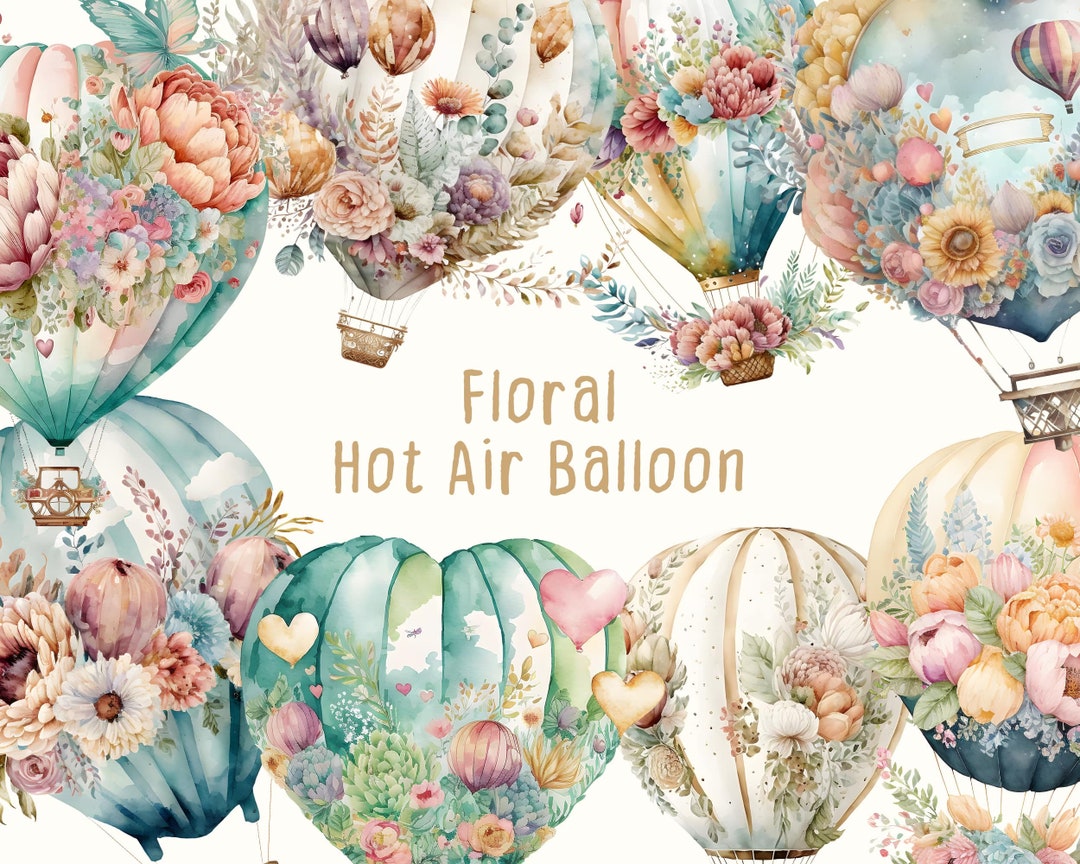 Watercolor Hot Air Balloon Clipart Png With Floral and Travel Clipart ...