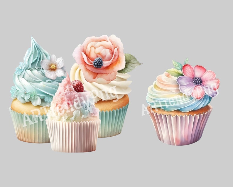 Watercolor Cupcake Clipart Png With Flower Bundle and Sweets - Etsy