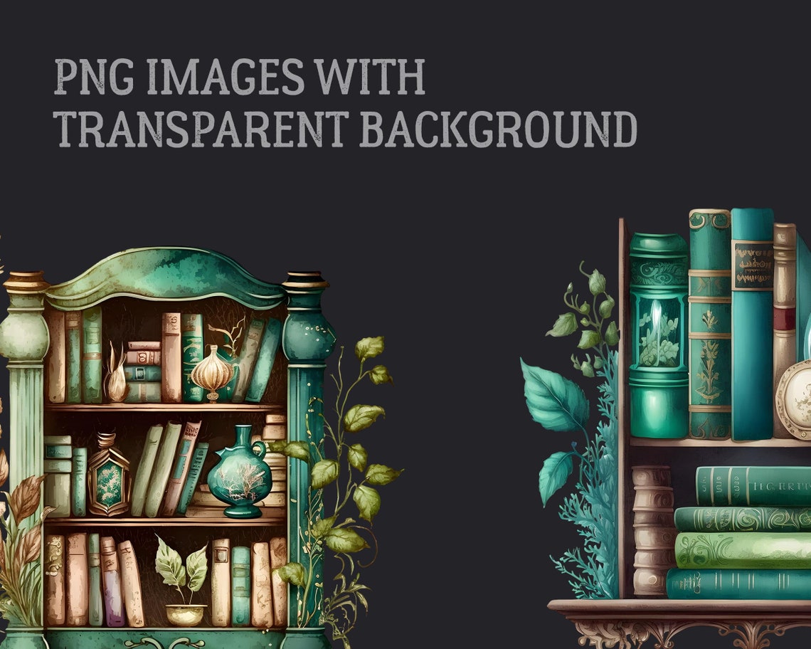Watercolor Bookshelf Clipart Png Emerald Colors Vintage Books and ...