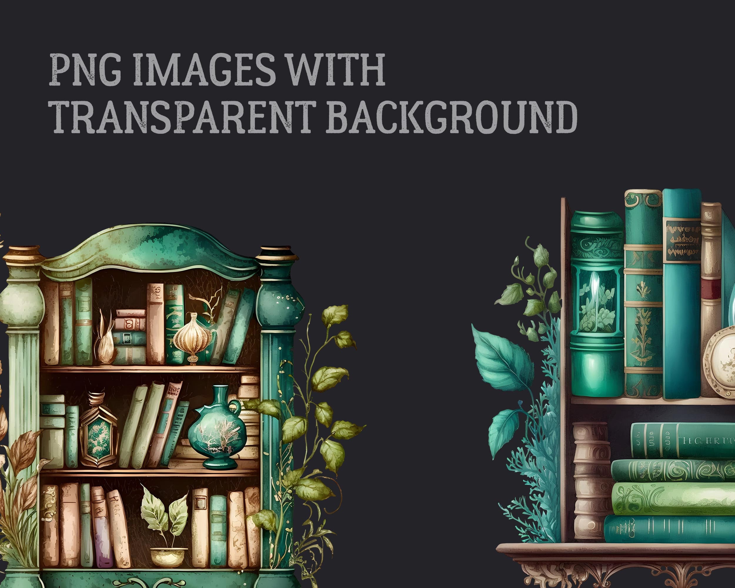 Watercolor Bookshelf Clipart Png Emerald Colors Vintage Books and ...