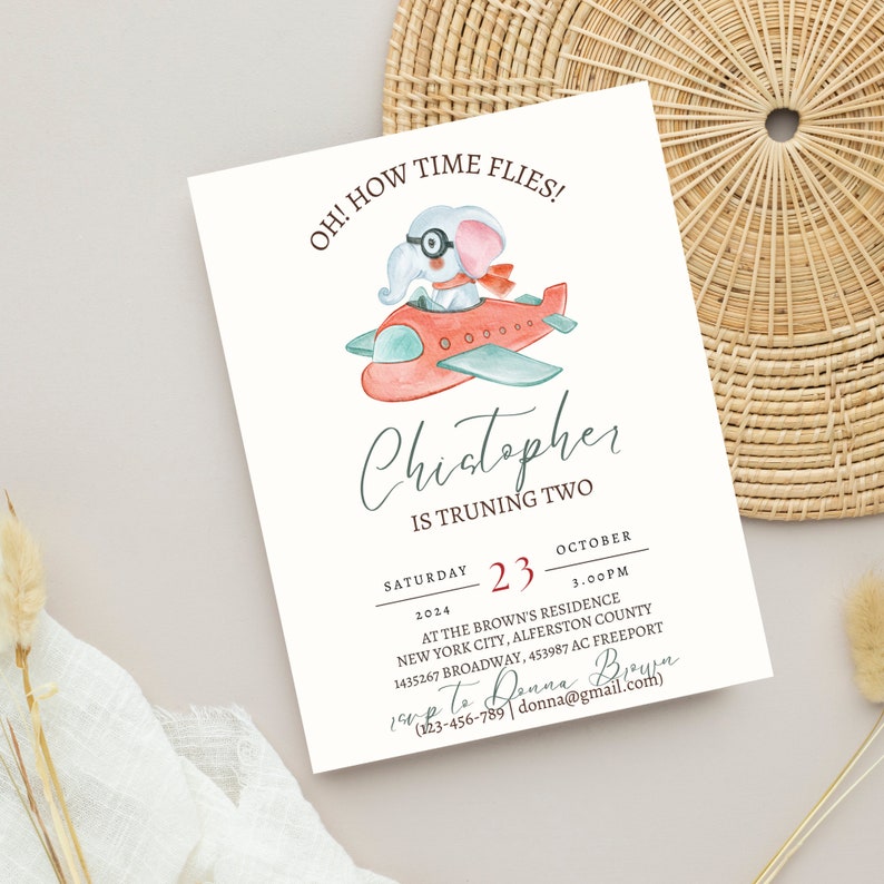 Oh How Time Flies Airplane Birthday Invitation - Editable Template ...