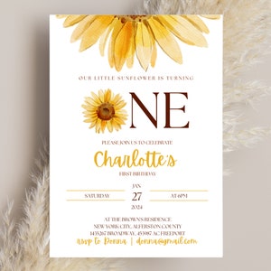 Sunflower First Birthday Invitation Template - Editable Floral Invite ...