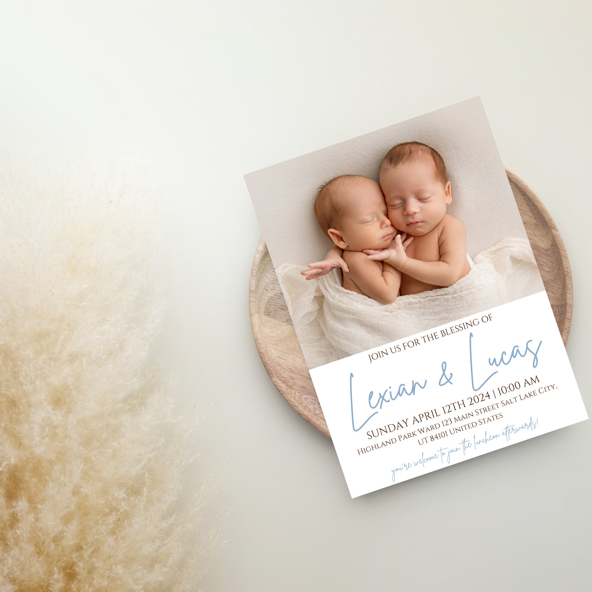 LDS Twin Baby Blessing Invitation | Minimal Christening Invite Template ...