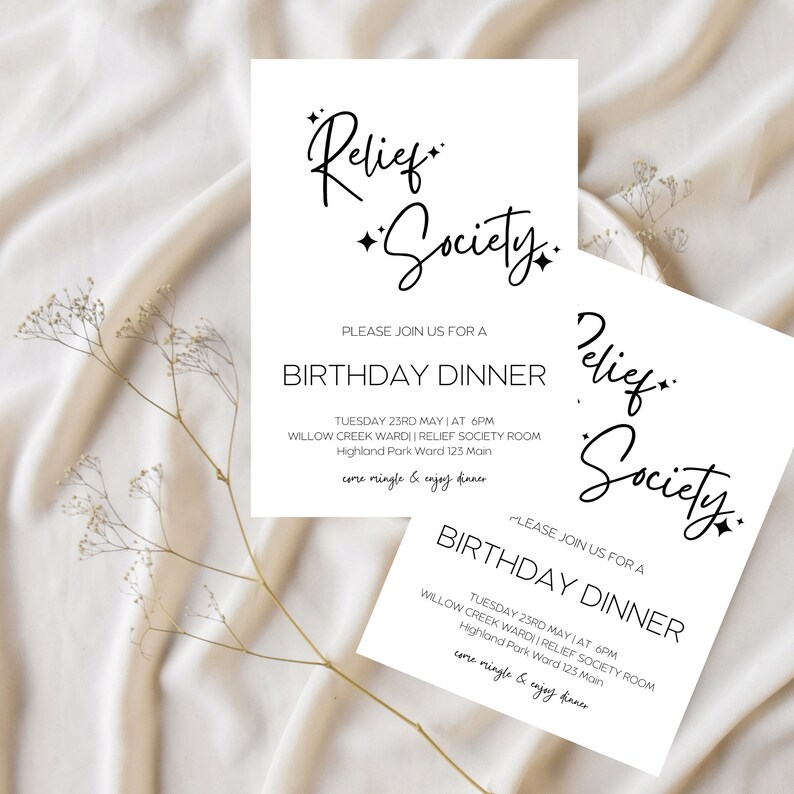 Relief Society Birthday Dinner Invitation Template - Minimalistic ...