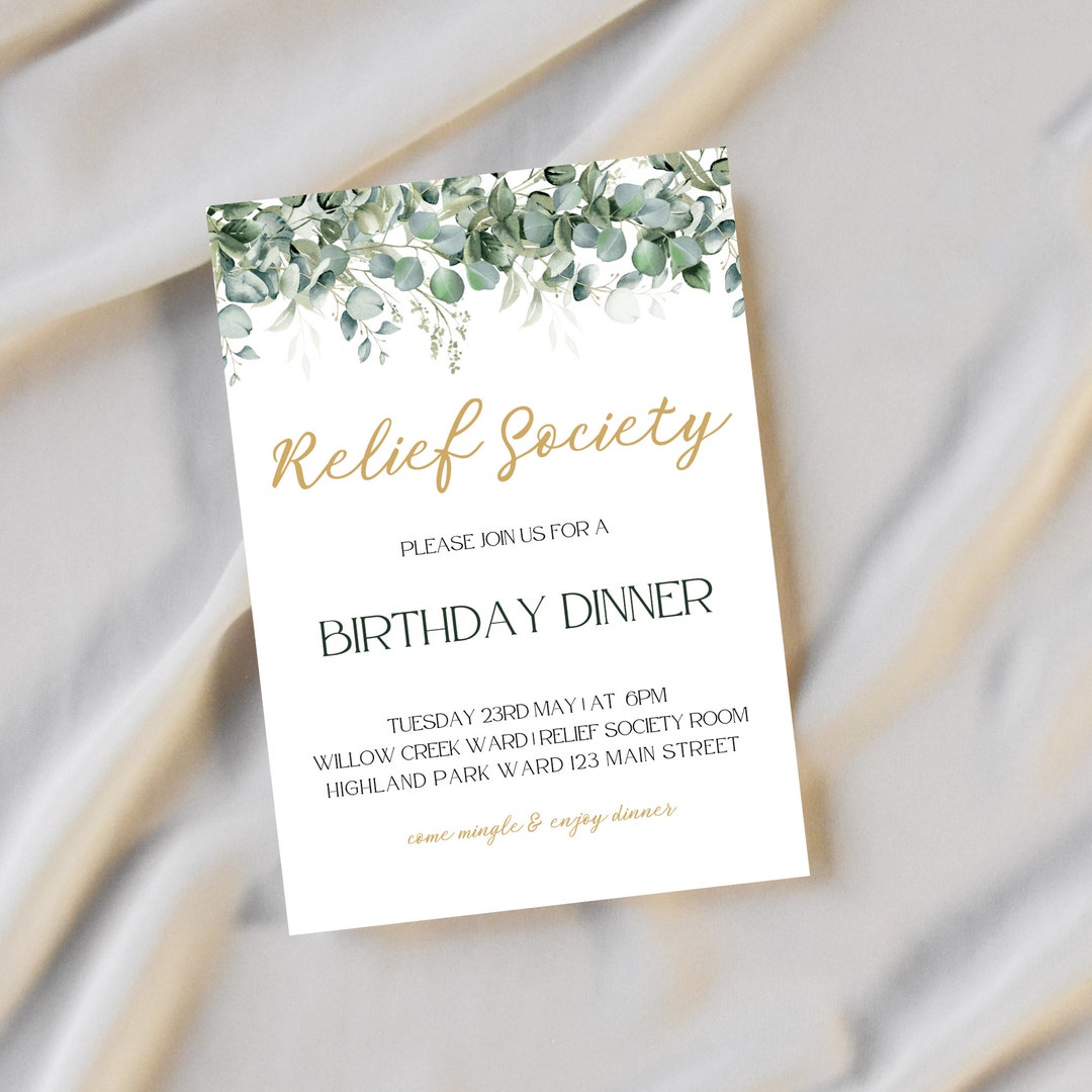 Relief Society Birthday Dinner Invitation Template - Greenery Minimal ...