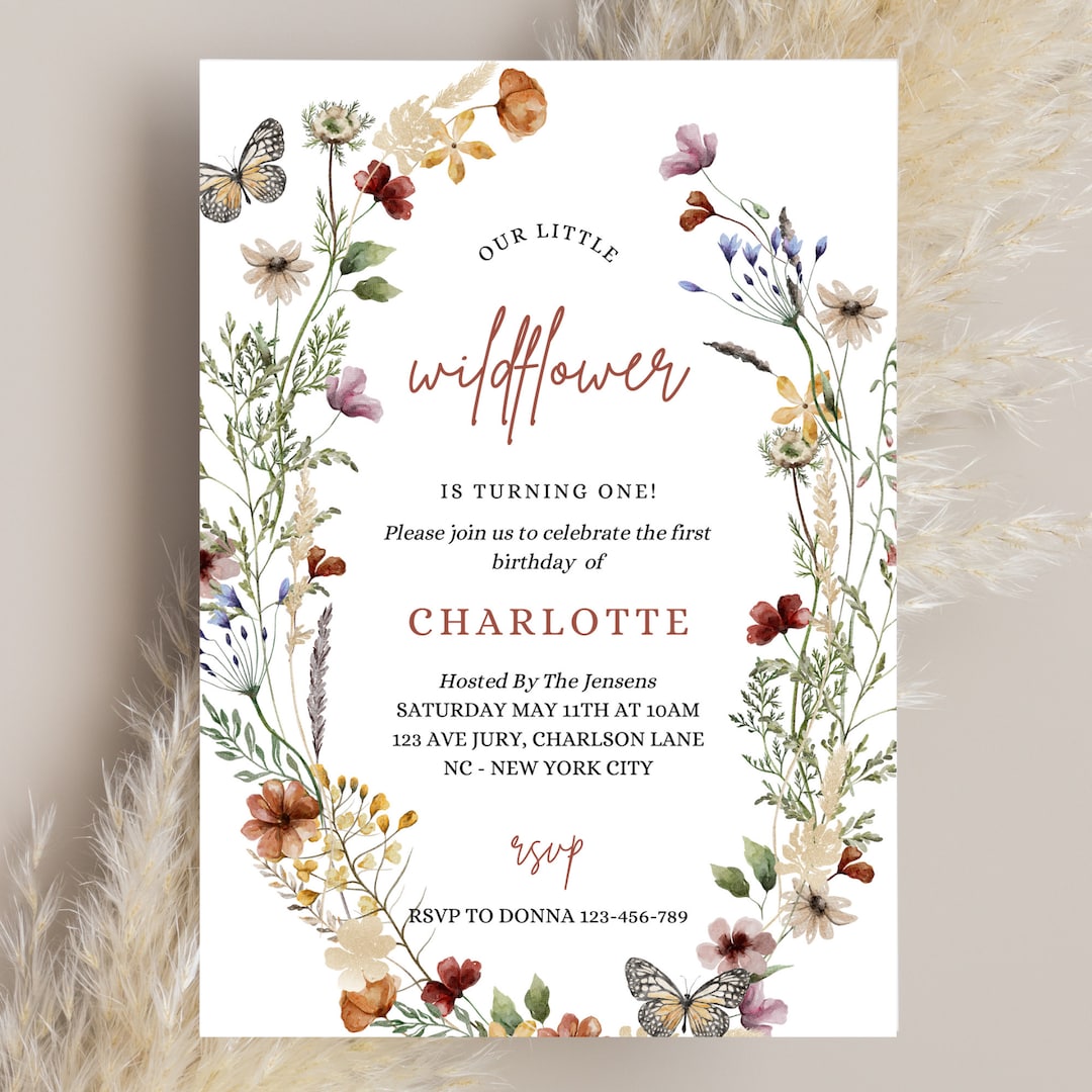 Wildflower First Birthday Invitation, Floral Birthday Invite, Instant ...