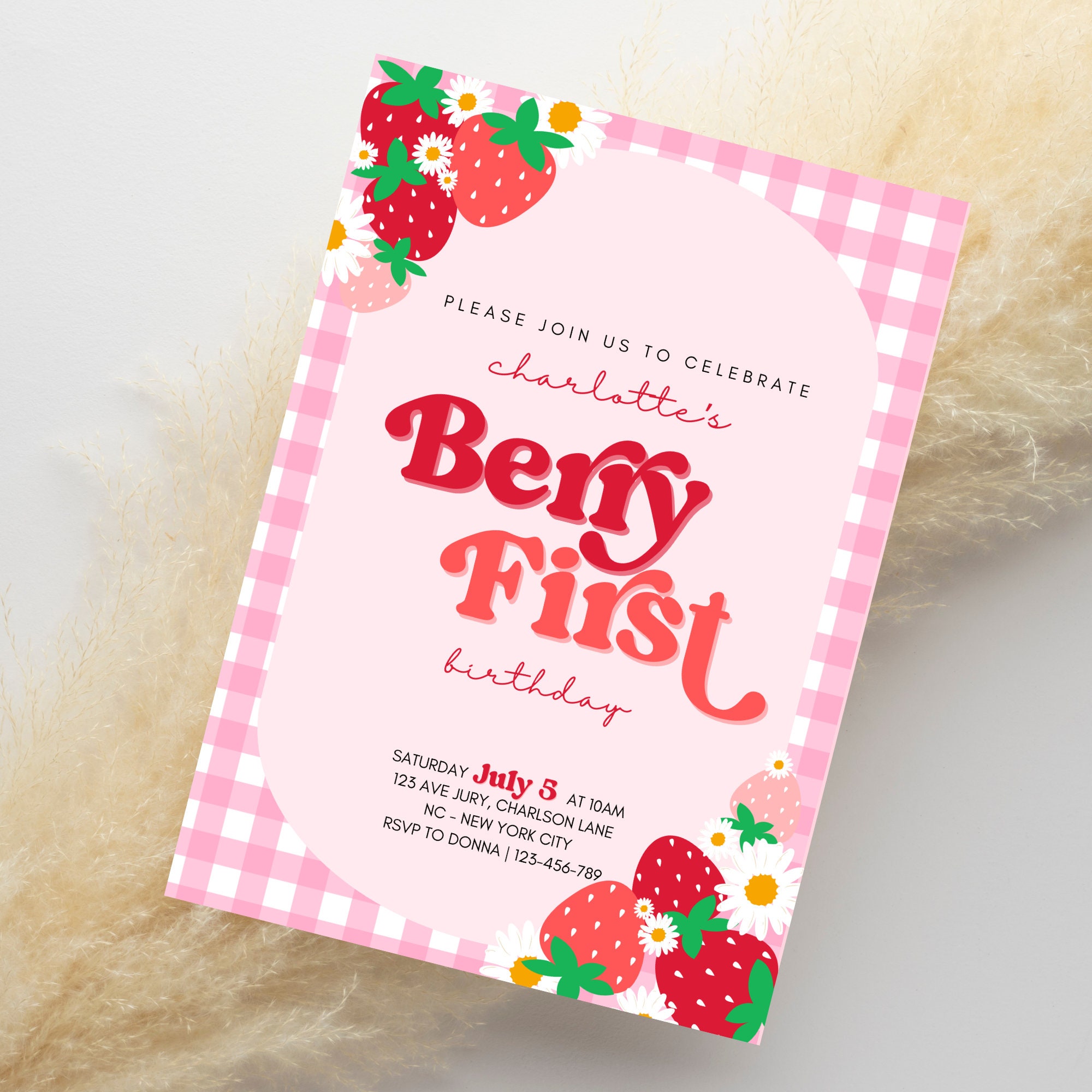 Berry First Birthday Invitation Template, Berry First Gingham Birthday ...