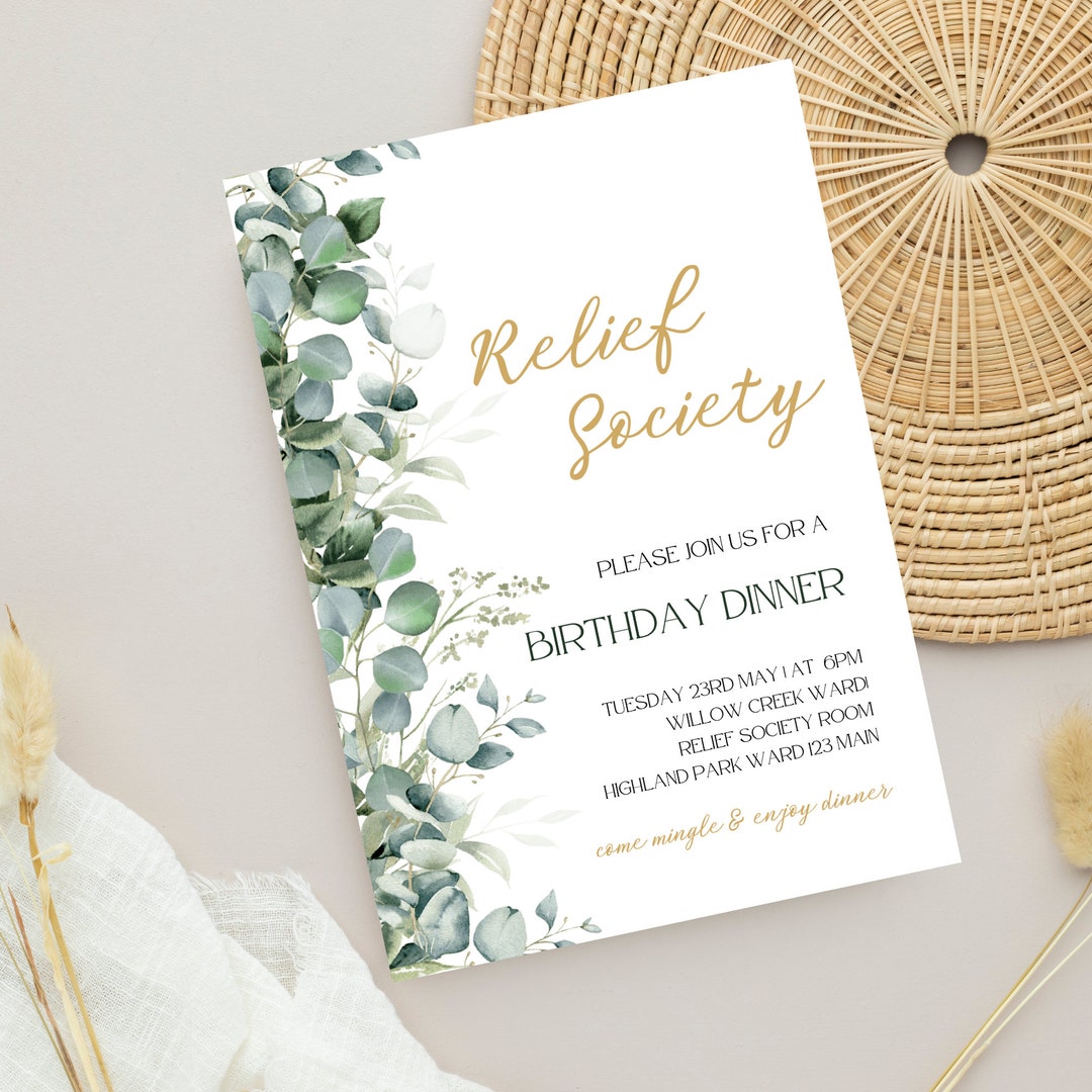 Relief Society Birthday Dinner Invitation Template - Greenery Minimal ...