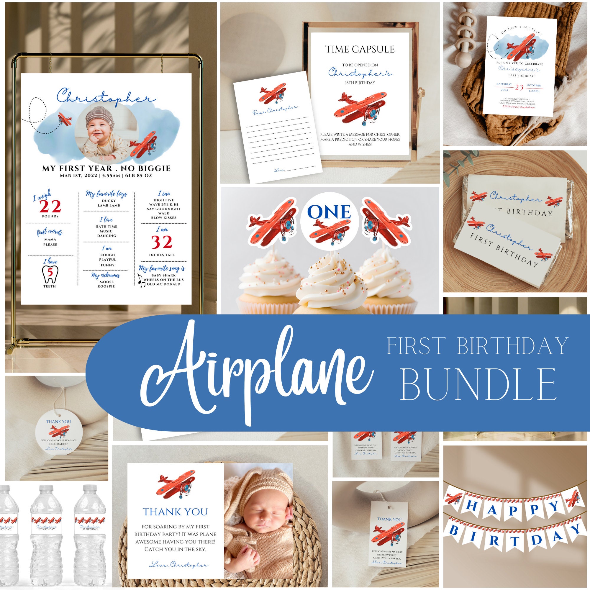 Airplane First Birthday Party Decorations and Invitation Bundle ...