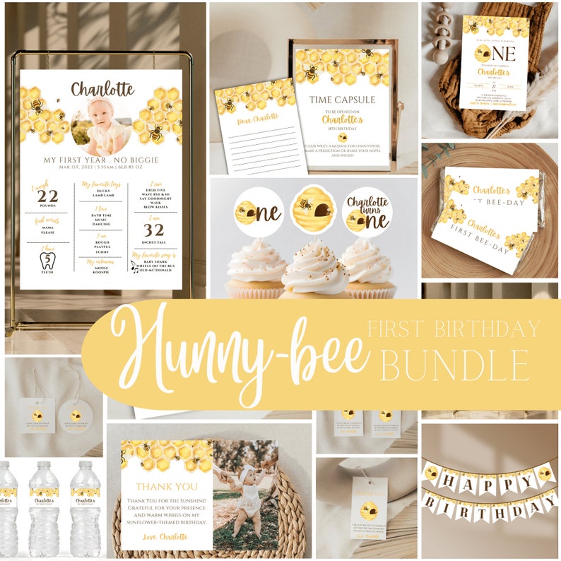 First Bee-day Honeybee Themed First Birthday Bundle - Printable Party Decorations & Invitations ...