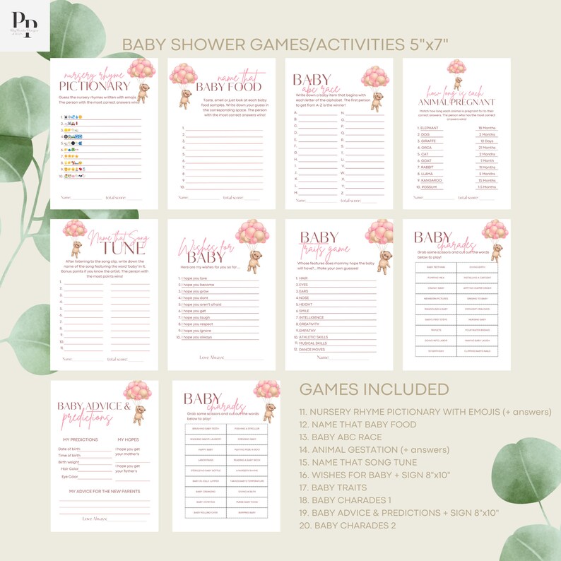 Pink Bear Baby Shower Games Bundle 28 Canva Templates Instant Download ...