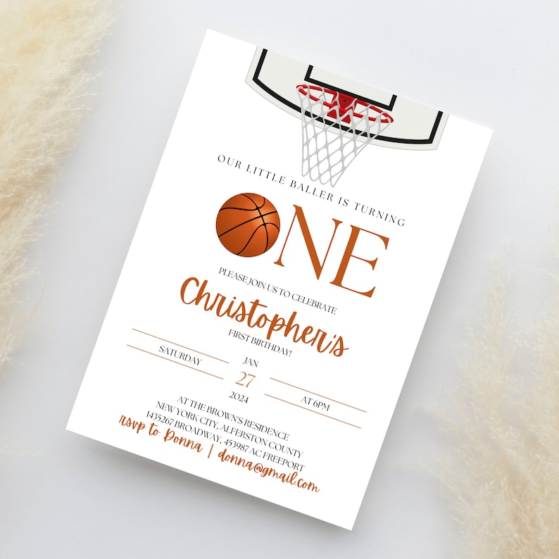 Basketball First Birthday Editable Invitation Template for Little ...