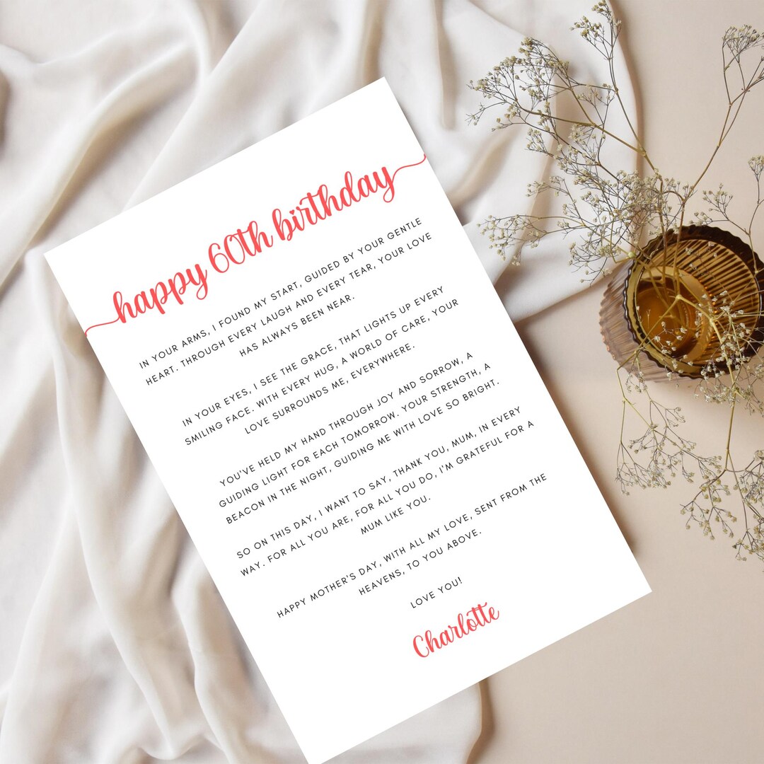 Happy 60th Birthday Minimalistic Card Letter Poem Template, Mother ...