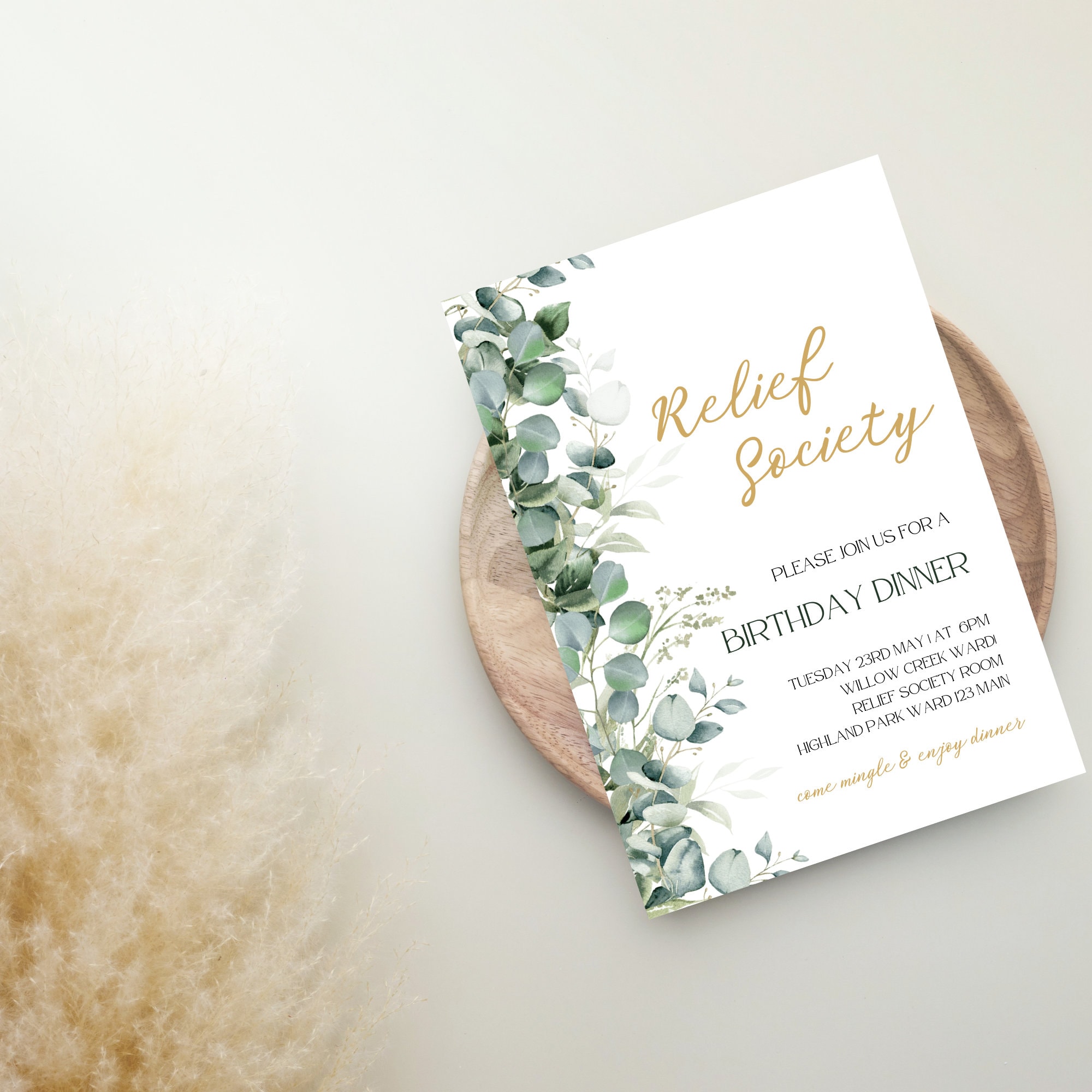 Relief Society Birthday Dinner Invitation Template - Greenery Minimal ...