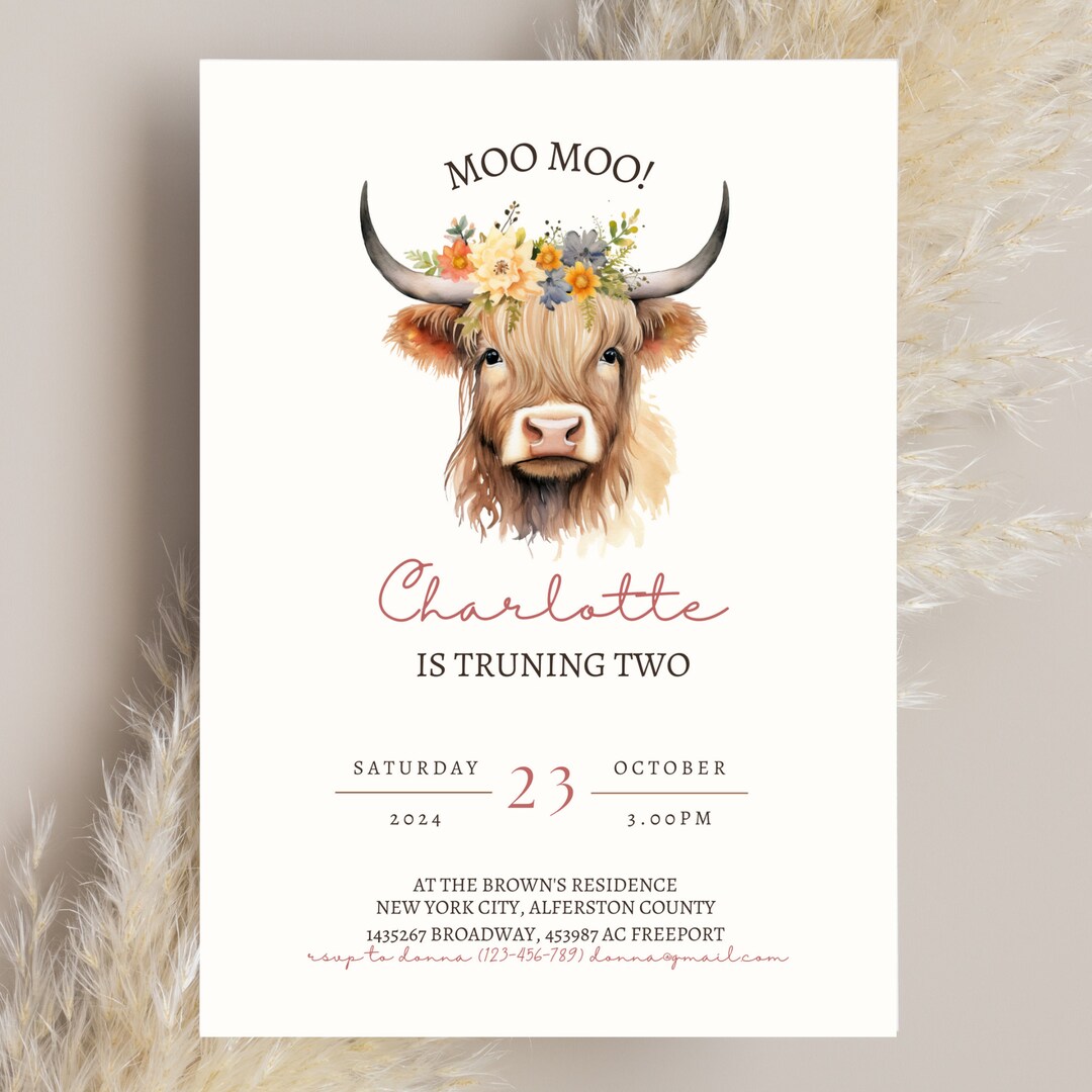 Highland Cow Birthday Invitation Template - Cow Themed Invitation ...