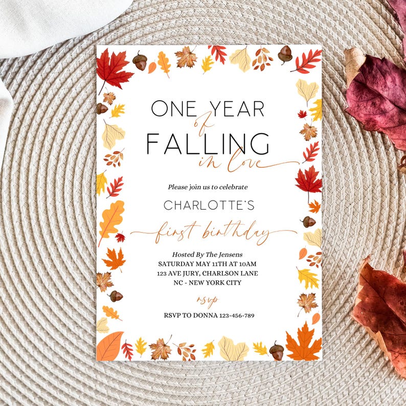 Fall One Year Birthday Invitation, Editable Autumn First Birthday ...