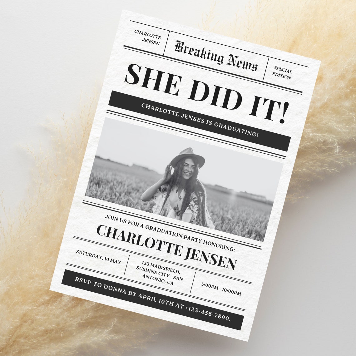 Newspaper Graduation Party Invitation Senior Announcement, Grad ...