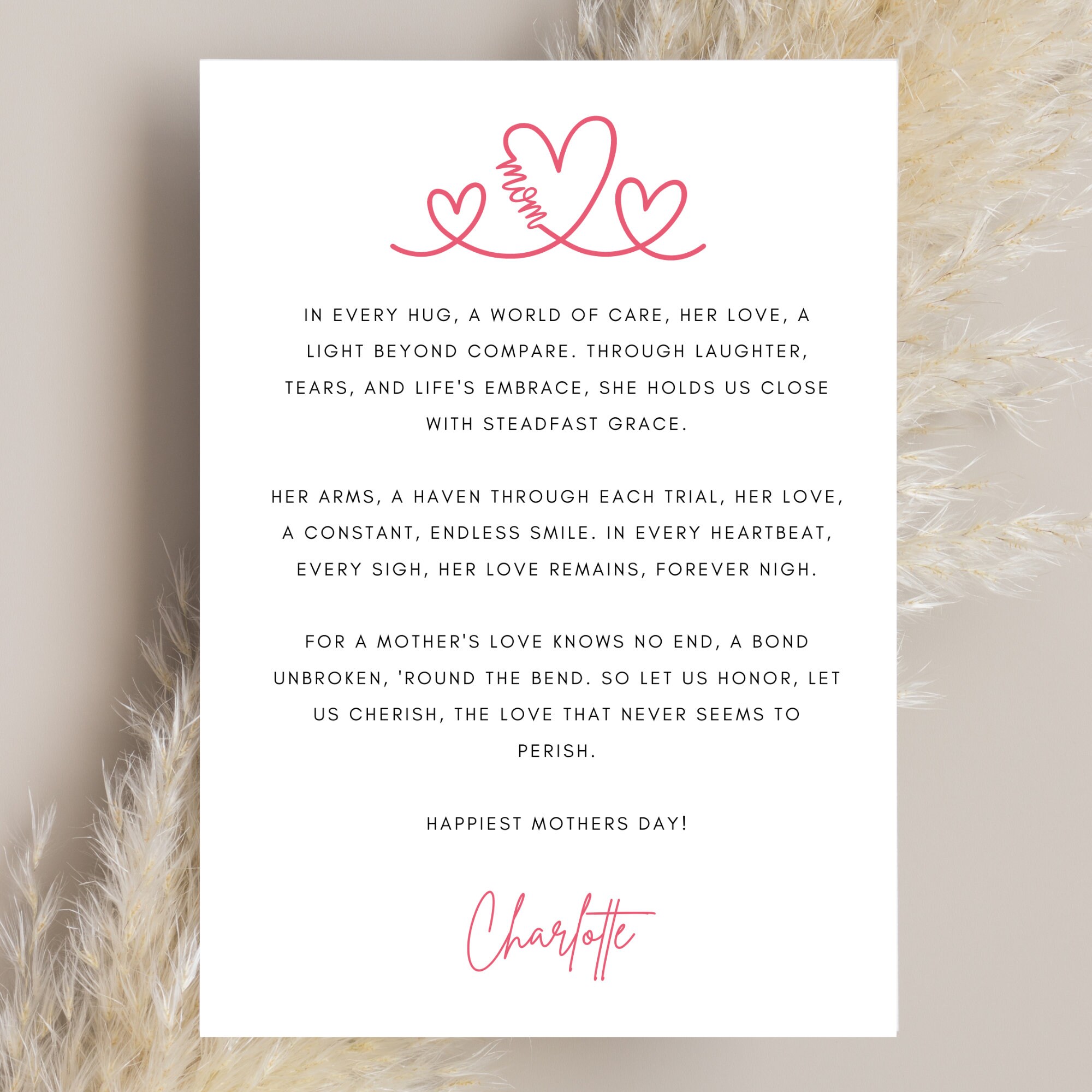 Mother's Day Minimalistic Card Letter Poem Template, Mother-daughter ...