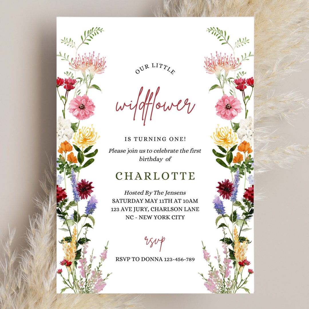 Wildflower First Birthday Invitation, Floral Birthday Invite, Instant ...