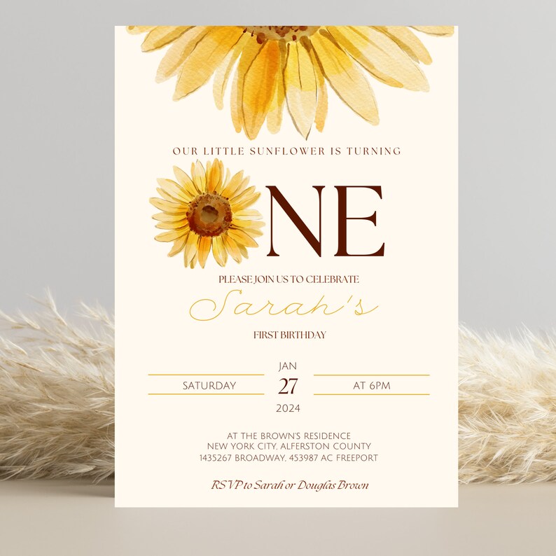 Sunflower First Birthday Invitation Template - Editable Floral Invite ...
