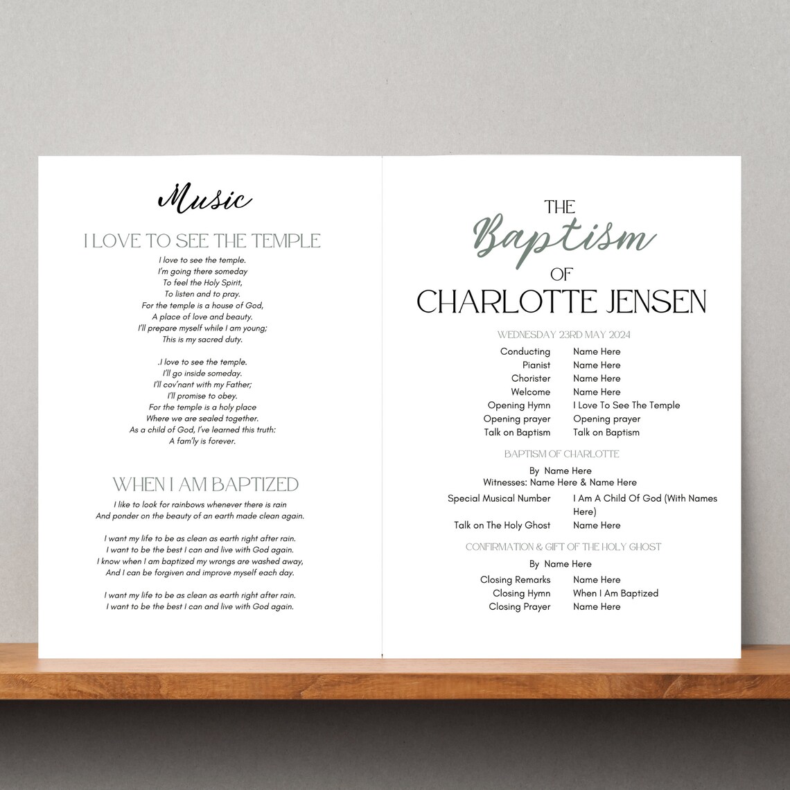 LDS Baptism Program Editable Template Minimalistic Editable Template ...
