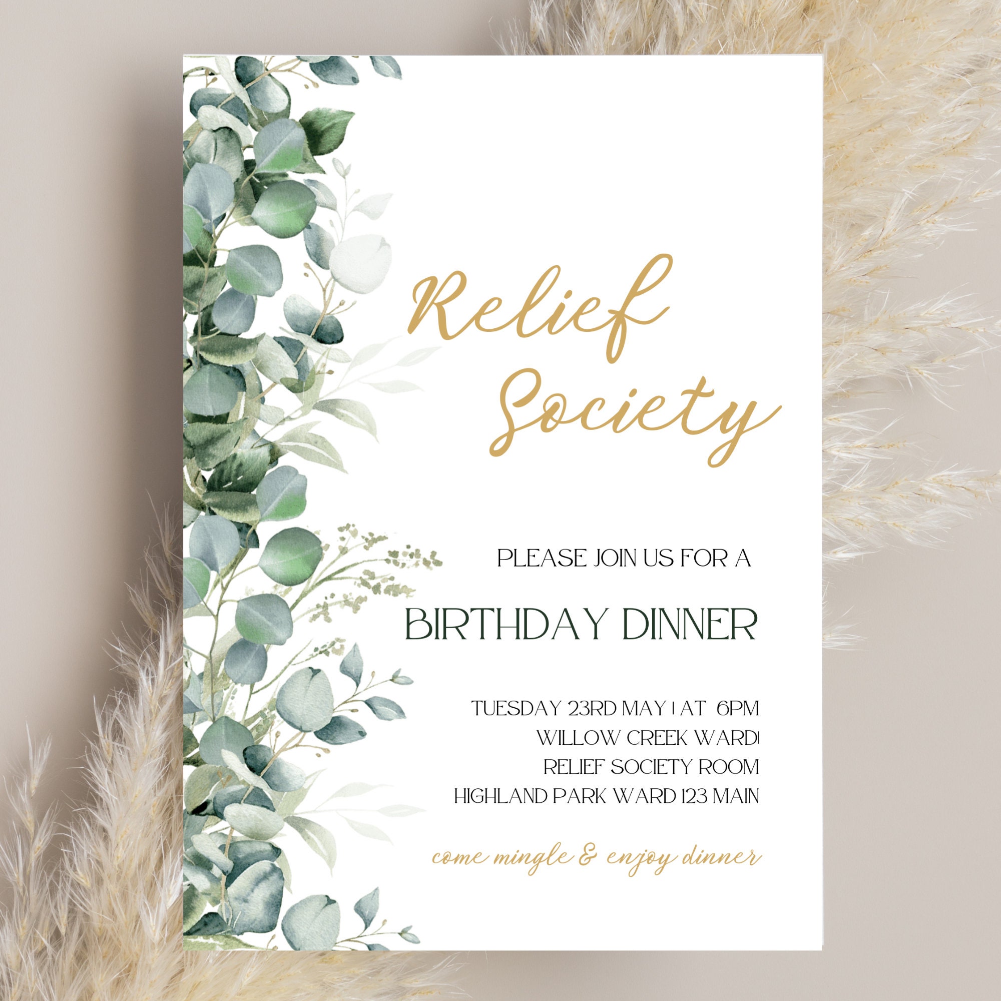 Relief Society Birthday Dinner Invitation Template - Greenery Minimal ...