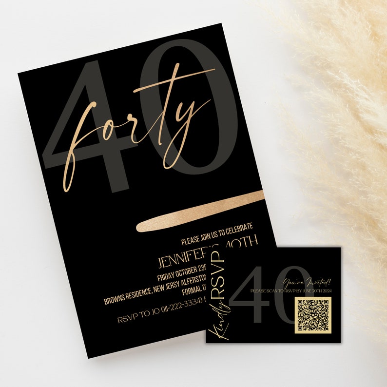 Black and Gold Themed 40th Birthday Invitation Set With QR Code Scan ...