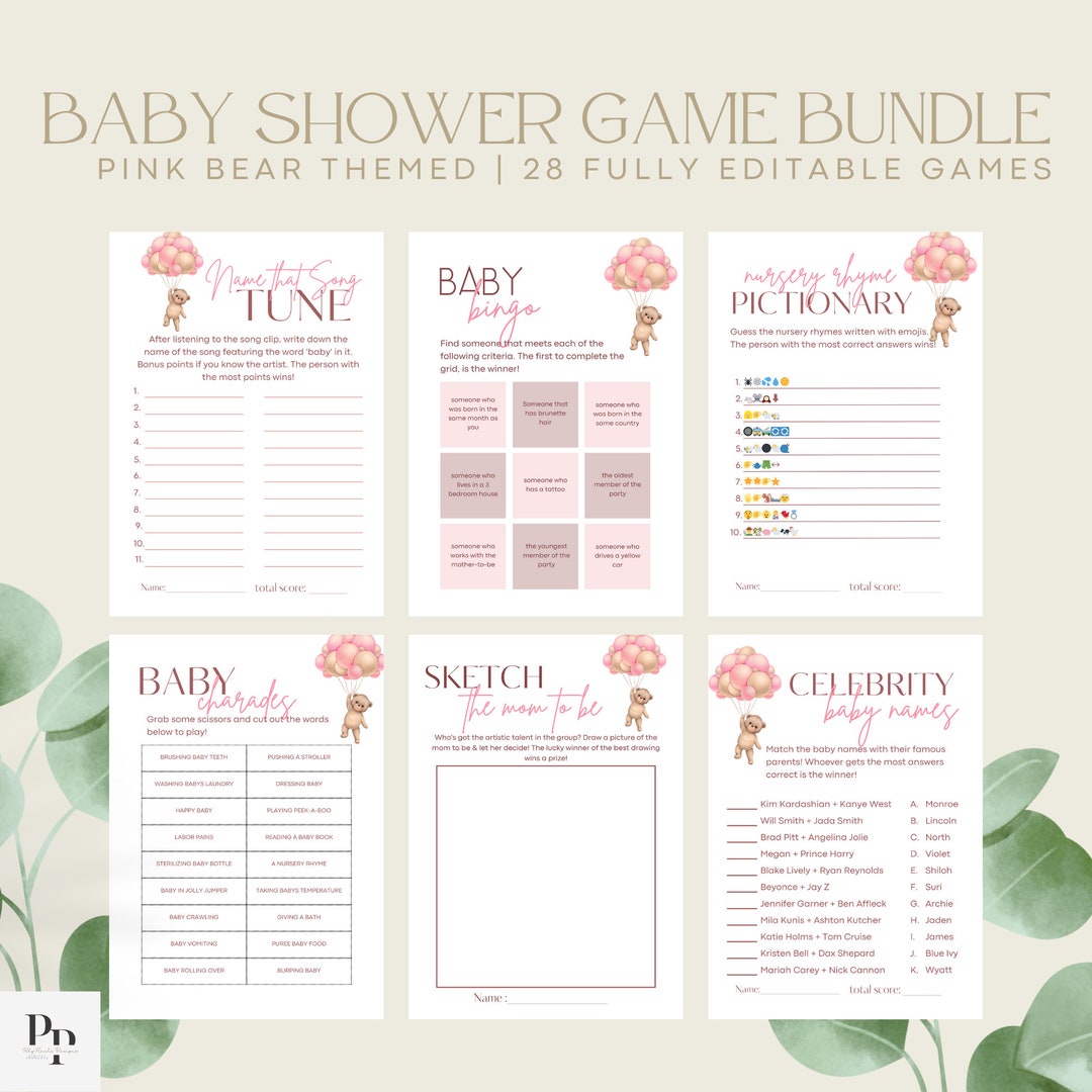Pink Bear Baby Shower Games Bundle 28 Canva Templates Instant Download ...