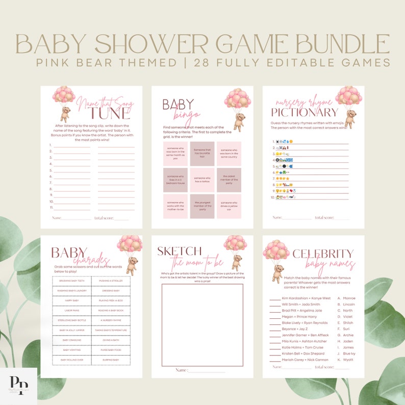 Pink Bear Baby Shower Games Bundle 28 Canva Templates Instant Download ...